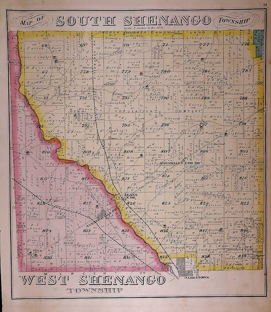 1876 PLAT MAP ~ SOUTH & WEST SHENANGO Twps., CRAWFORD Co., PA (14x16 ...