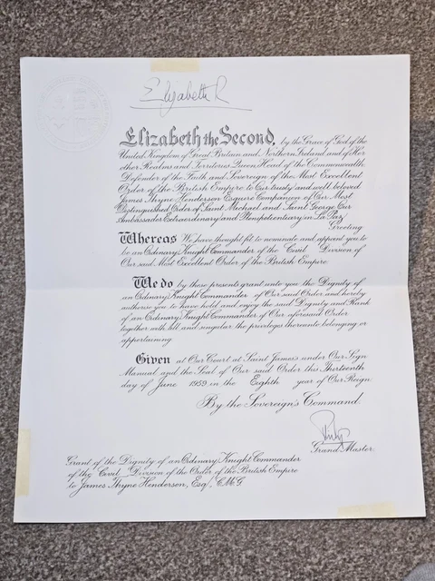 QUEEN ELIZABETH II document signed being Order Of Thr British Empire ...