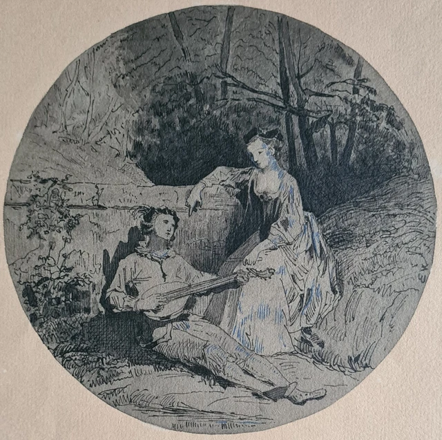 DESSIN EMILE-CHARLES WATTIER 1800-1866, encre, une leçon de mandoline ...
