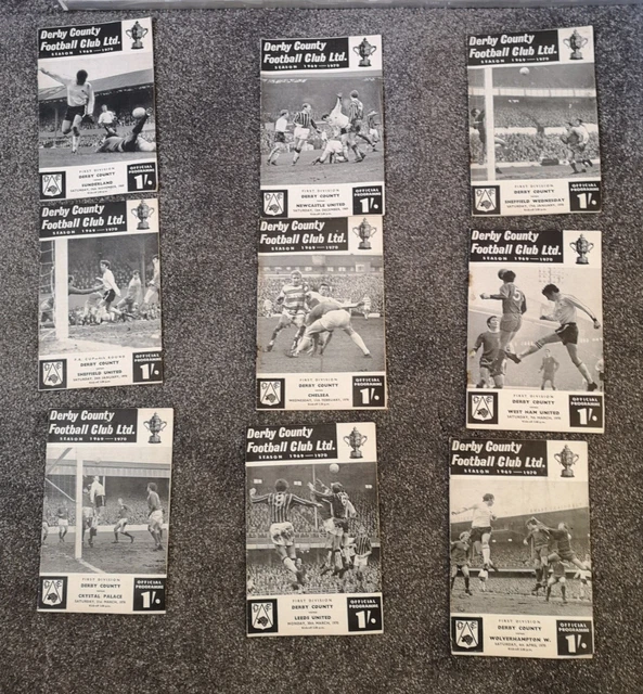 9 X DERBY County Home Football Programmes --1969 / 1970 ---League / Cup ...
