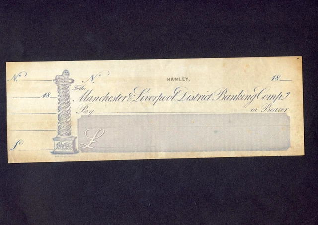 MANCHESTER & LIVERPOOL District Bank, cheque, Hanley, Staffordshire £10 ...