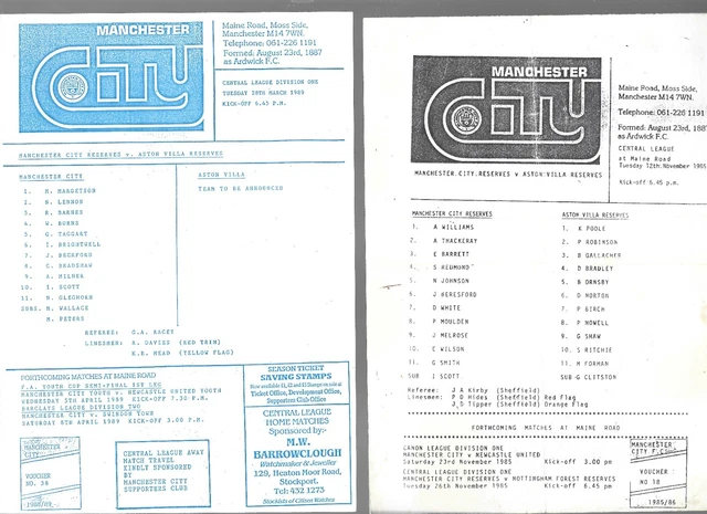 4 X MANCHESTER City v Aston Villa Reserve 85/86 to 02/03 team sheets £4 ...