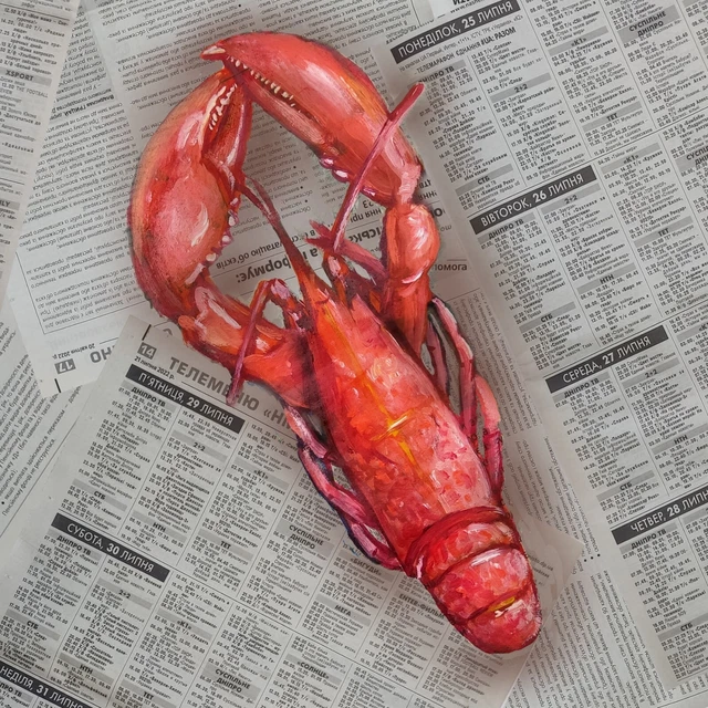 LOBSTER ORIGINAL OIL paintings Newspaper Art Still Life Seafood Wall ...