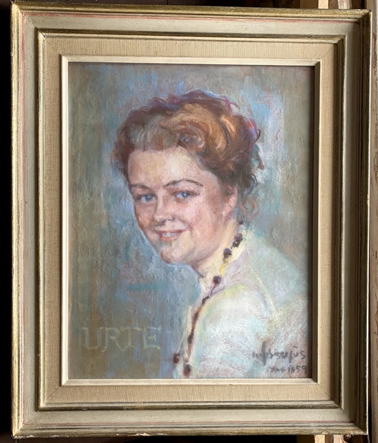 PASTELLO RITRATTO URTE Illeggibili Autografato 1959 Giovane Donna Lady ...