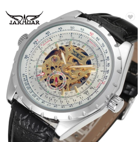 JARAGAR AUTOMATIC STAINLESS Steel Leather Strap Skeleton Sports Watch ...