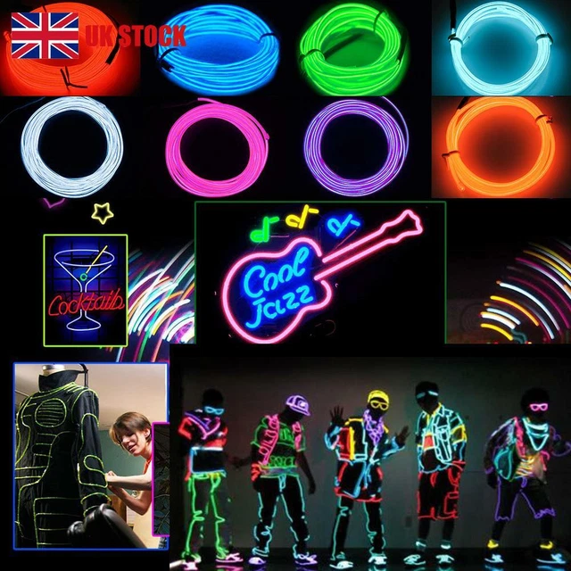 UK 1/3/5M BATTERY Operated Luminescent Neon LED Lights Glow EL Wire ...