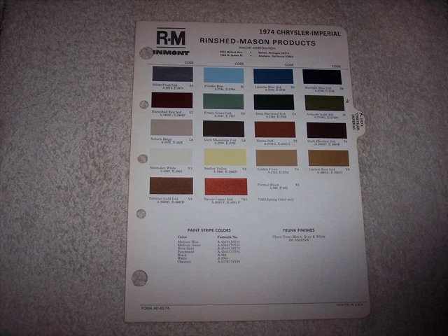 1974 CHRYSLER-IMPERIAL EXTERIOR R-M Paint Chip Color Chart #289 £9.76 ...