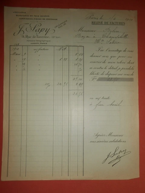 ANCIENNE FACTURE J Papy joaillerie paris 91 rue de Turenne 1910 EUR 12 ...
