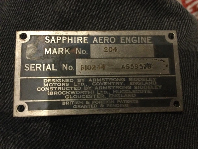 GLOSTER JAVELIN AIRCRAFT original AS Sapphire engine makers data plate ...