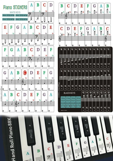 UK PIANO STICKERS Keyboard Music Note Chart Removable Decal 49 54 61 88 ...