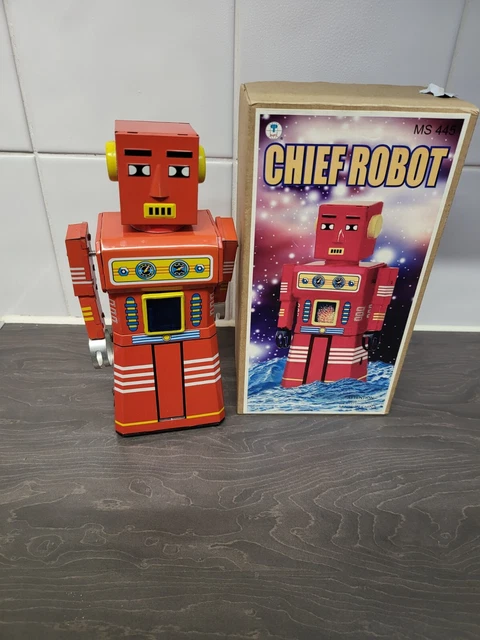 ROBOT VINTAGE SCHYLLING Chief Tin Wind-Up with Key & Box 19.5cm Rare ...