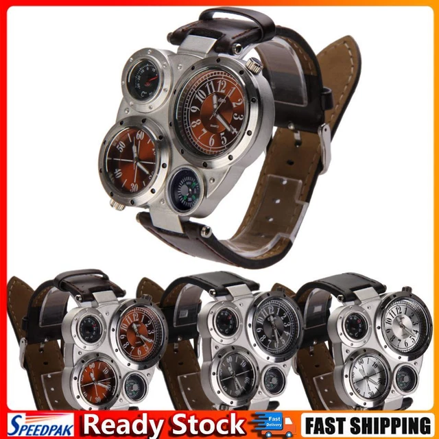 UK OULM MILITARY Army Dual Time Zones Movements Watch Big Dial Leather ...