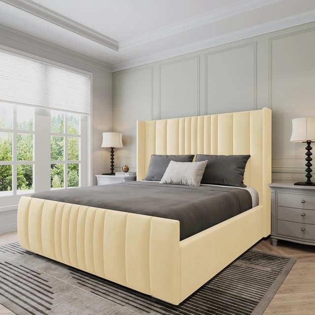 KING SIZE VELVET Bed Frame Plush Cream 5ft High Headboard Slatted Base ...