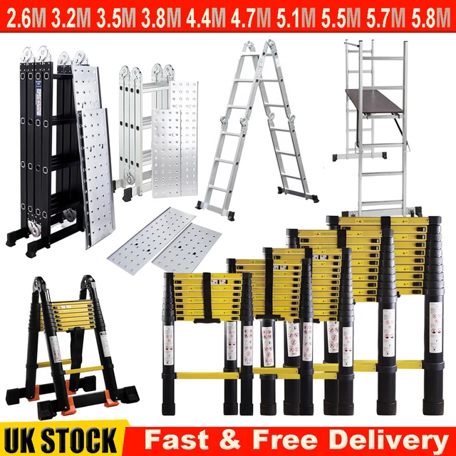 2.6-5.8M ALUMINIUM TELESCOPIC Folding Ladder Multi-Purpose Extendable ...