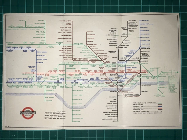 LONDON UNDERGROUND LINES 1945 No 1 Tube Map Diagram of Lines 245.3606 ...