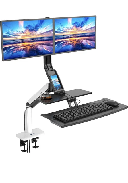 DUAL MONITOR SIT-STAND Work Station Desk Riser With Keyboard Tray ...