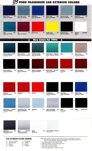 1993 FORD COLOR Paint Sample Brochure/Chart:MUSTANG,THUNDERBIRD,TAURUS ...