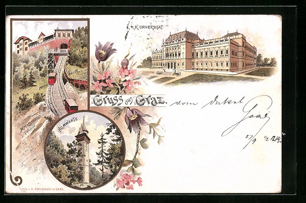 LITHOGRAPHIE GRAZ, K. K. Universität, Hilmwarte, Schlossbergbahn EUR 13,00 - PicClick FR