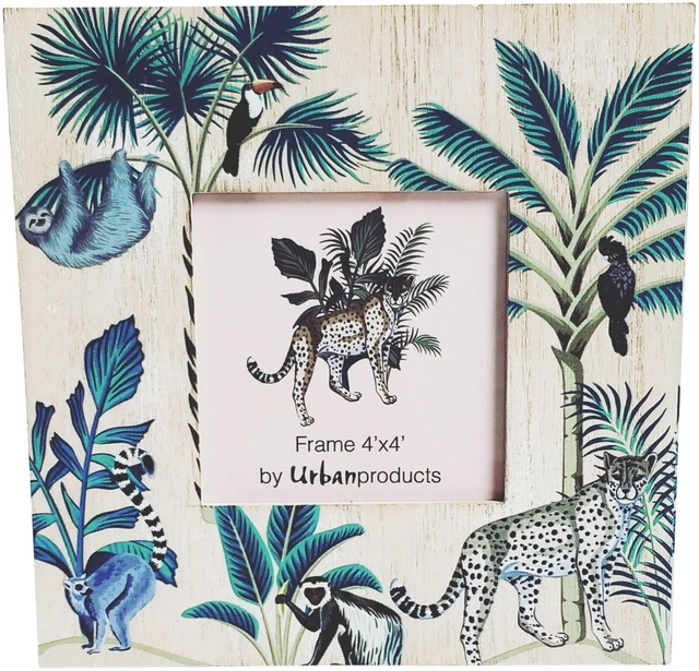 WILD JUNGLE WOODEN Photo Frame 4x4" MDF Wood w Leaves Monkey Cheetah ...
