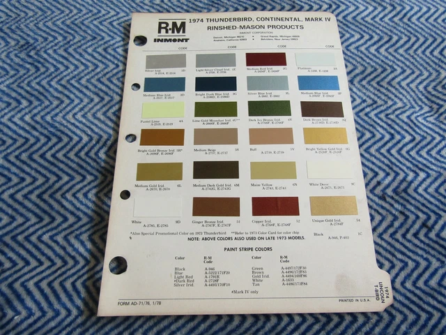 1974 LINCOLN CONTINENTAL Town Car Mark Iv Color Chips Chart Brochure ...