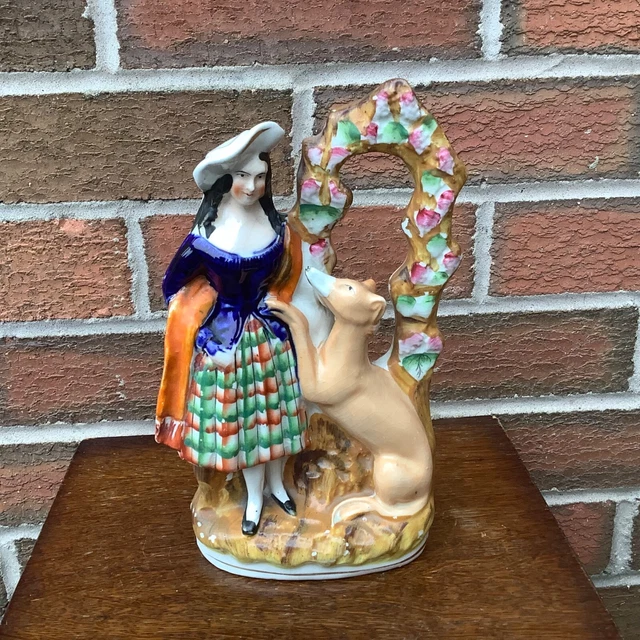 ANTIQUE STAFFORDSHIRE FLAT Back Lady With A Very Large Grey Hound Circa ...