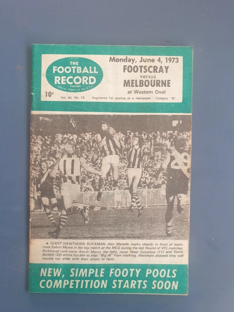 1973 FOOTSCRAY V Melbourne VFL Record. Gary Dempsey 100 games $8.00 ...