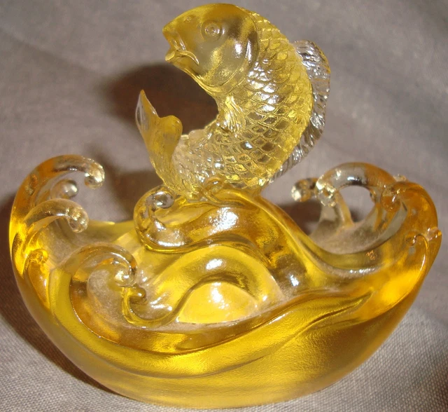 EXTREMELY RARE TITTOT Crystal Signed Koi Fish Art Glass yellow Bas ...