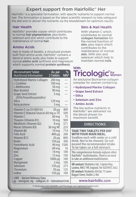 HAIRFOLLIC HER 30 Tablets +30 Tablets in One Pack Exp End 09/2027 £19. ...