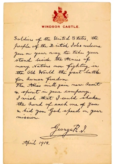 WORLD WAR I Letter from King George V to Soldiers April 1918 ...
