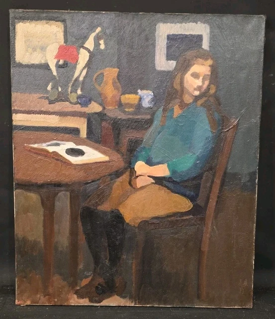 TABLEAU ANCIEN FILLETTE Cavalière Jouet école de Rouen début XXème EUR ...