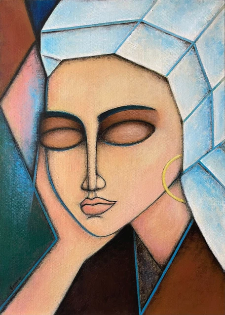 Enara Art Deco Toile Tableau Peinture Acrylique Originale Portrait
