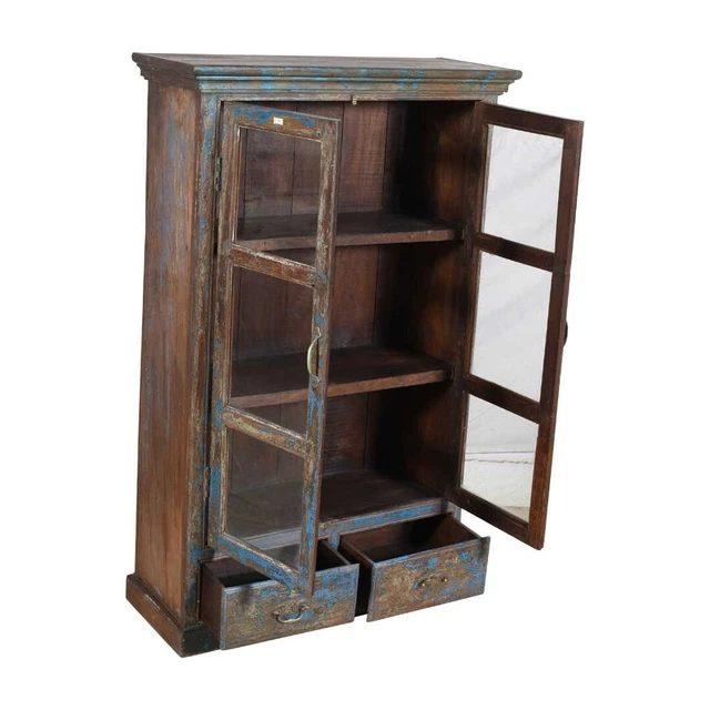 ANTIQUE BLUE PATINA Teak Indian Glass Almirah Cabinet c1900 147x92x37cm ...