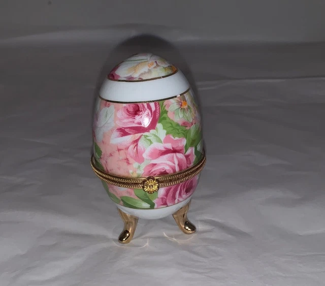 PINK ROSES VINTAGE Egg Shaped Porcelain Hinged Trinket Box Gold Trimmed ...