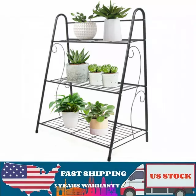 3 TIER METAL Plant Stand For Garden Flower Pot Shelf Ladder Shaped ...