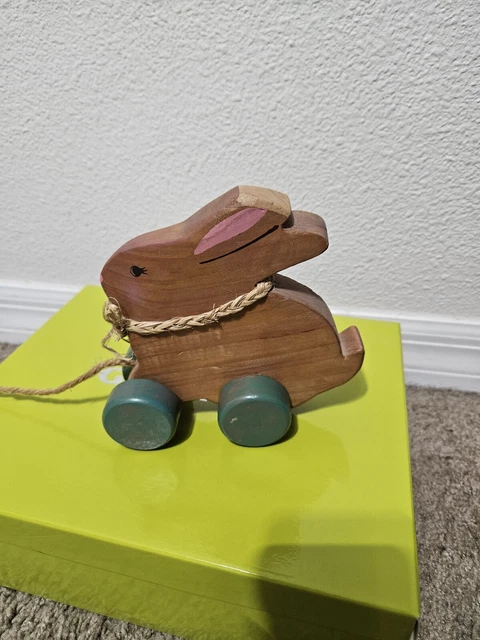 VINTAGE, BROWN/GREEN WOODEN Rabbit On Wheels With Rope; Pull Toy $12.00 ...