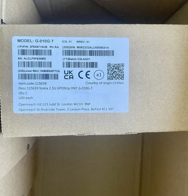 NOKIA-ONT G-010G-T OPENREACH Optical Fibre GPON Terminal BNIB X1 £11.12 ...