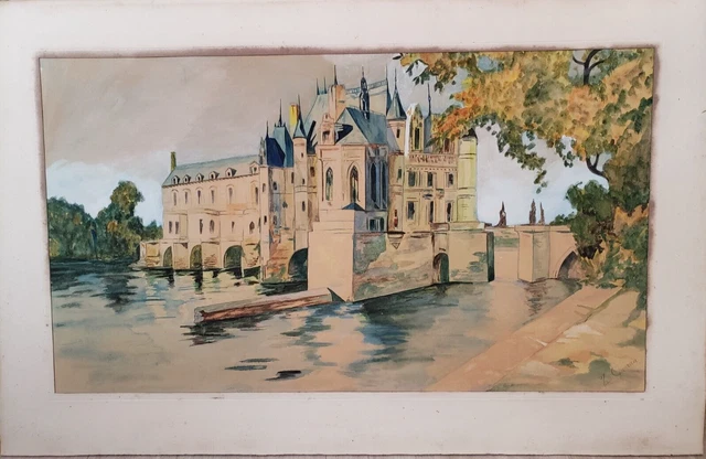 AQUARELLE ANCIENNE CHATEAU de Chenonceau signée a identifier EUR 80,00 - PicClick FR