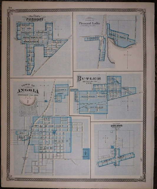 *1876 PLAT MAP ~ ANGOLA, PLEASANT LAKE Twp., INDIANA / STUBEN Co. on ...