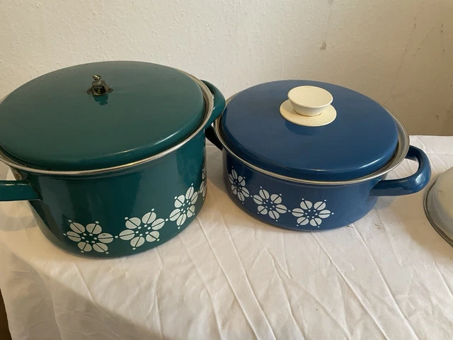 DDR (N)OSTALGIE 2X Emaille-Topf+ Deckel, m. Muster, gebr., Shabby Deko ...