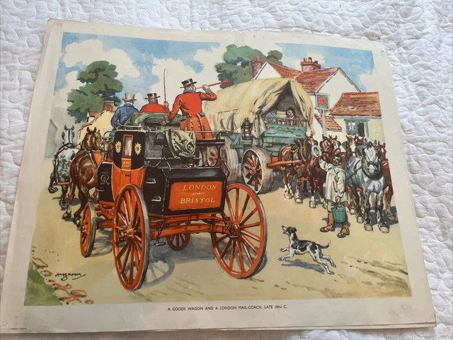 VINTAGE MACMILLAN SCHOOL Educational Poster Goods Wagon / Mail Coach ...