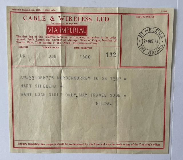 SAINT HELENA 1952 Cable & Wireless Telegram. St Helena The Briars ...