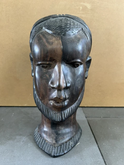 VINTAGE HAND CARVED African American Head Bust Wood Statue 9.75" tall £ ...