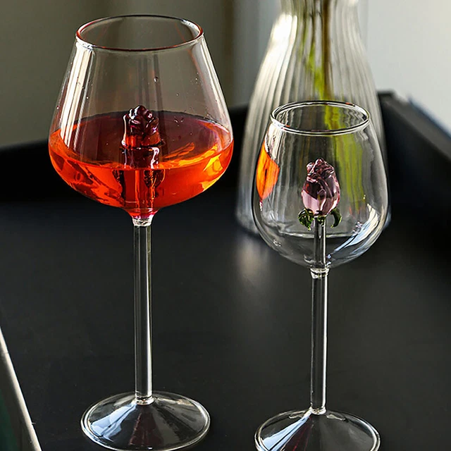 3D PINK ROSE Build-In Red Wine Glass Goblet Cocktail Champagne Glass ...