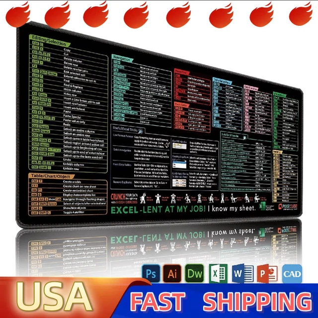 EXCEL CHEAT SHEET Desk Mat,Excel Shortcut Key Mouse Pad,Water Resistant ...