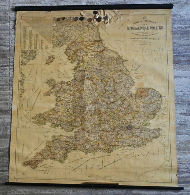 VINTAGE RARE ALEXANDER Gross Geographia Wall Map of England & Wales. 50 ...