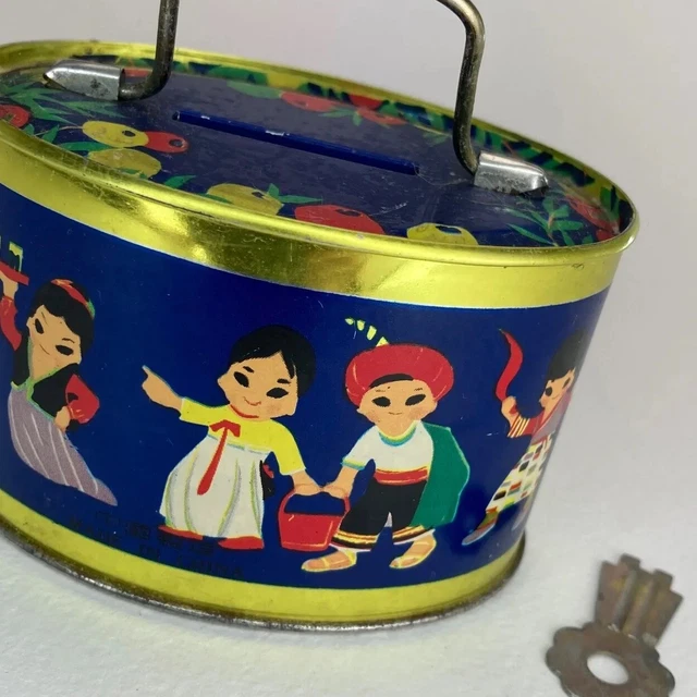 VINTAGE TIN LITHO Coin Bank with Key Handle 60s Small Colorful Royal ...