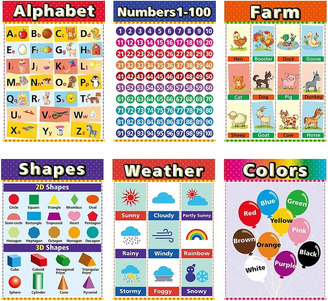 EDUCATIONAL POSTERS FOR Kindergarten Preschool Learning Posters 6 Pack ...
