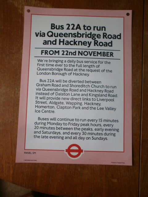 LONDON TRANSPORT TIMETABLE Panel Poster-Route 22A to Queensbridge ...