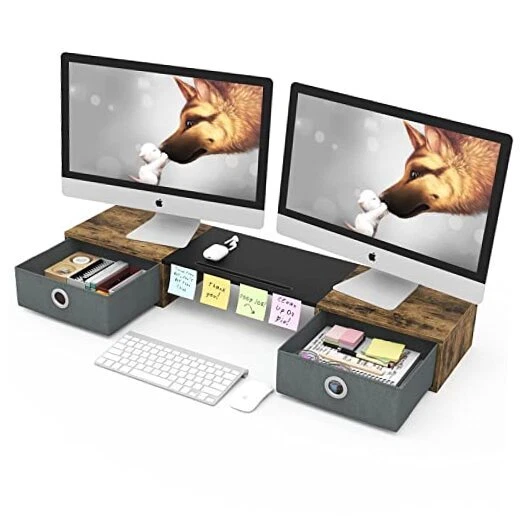 DUAL MONITOR STAND Riser with Two Drawers, Extra Large Storage Rustic ...