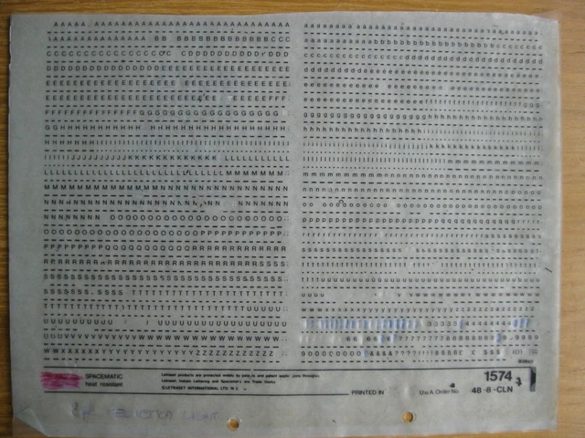 1/2 X SHEET Letraset Upp/Low/Num HELVETICA LIGHT 8pt 2.0mm Sheet 1574 b ...